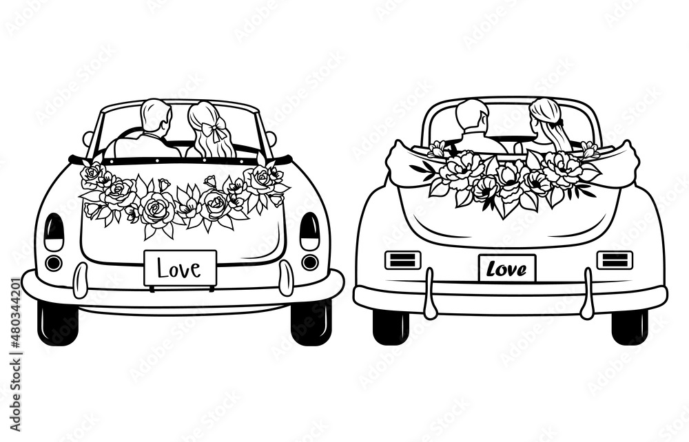 Set of Wedding car. Collection of newlyweds on their honeymoon. Floral ...
