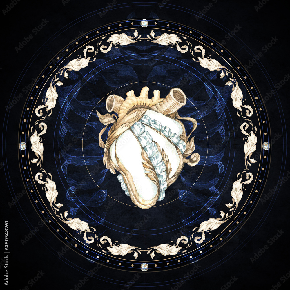 Illustration of an antique human heart with engraving ornament ...