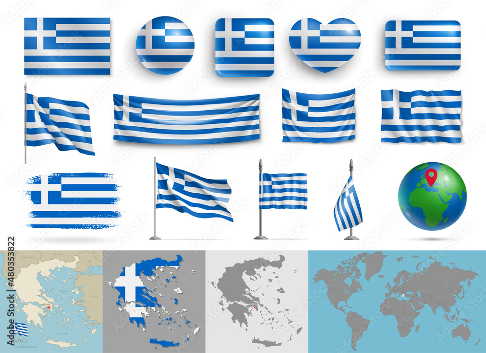 Greece flags of various shapes and country map set. Realistic Greek ...