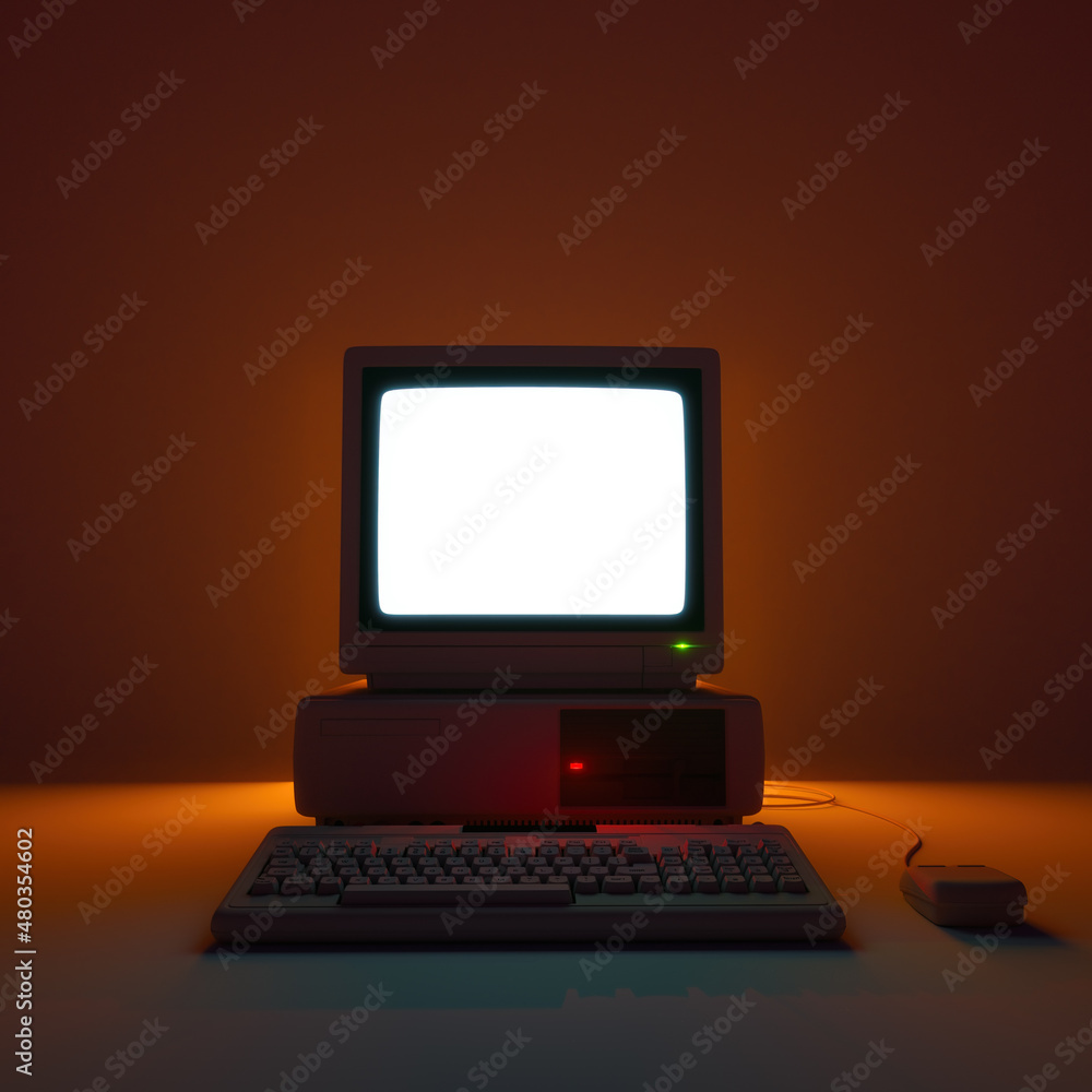 Vintage Desktop PC with Glowing Blank Screen in Low Light. 3D Rendering ...