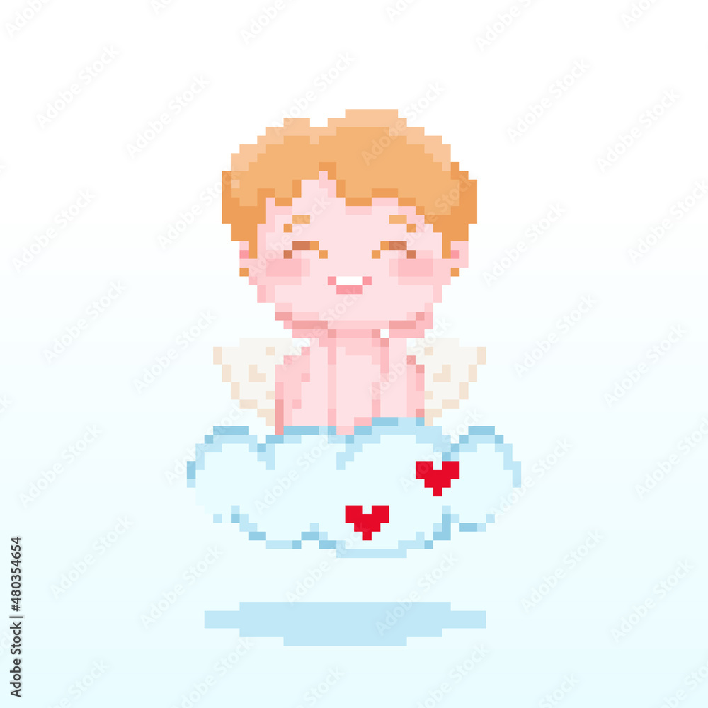 Pixel art cupid on a cloud admiring love illustration. Vector pixel ...
