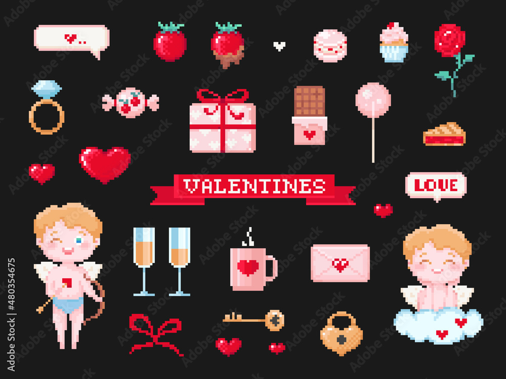 Pixel art Valentine day elements clip art pack. 8 bit vintage game ...