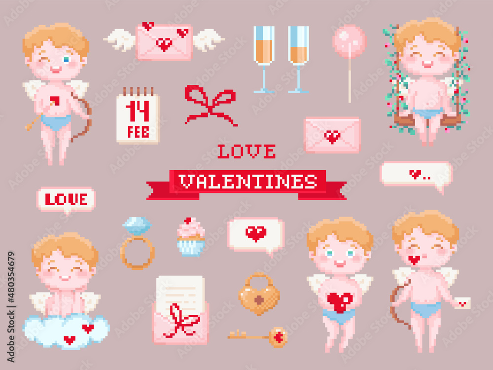 Pixel art Valentine day elements clip art pack. 8 bit vintage video ...