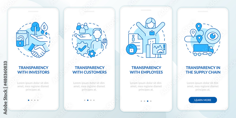 Examples Of Transparency Blue Onboarding Mobile App Screen Corporate
