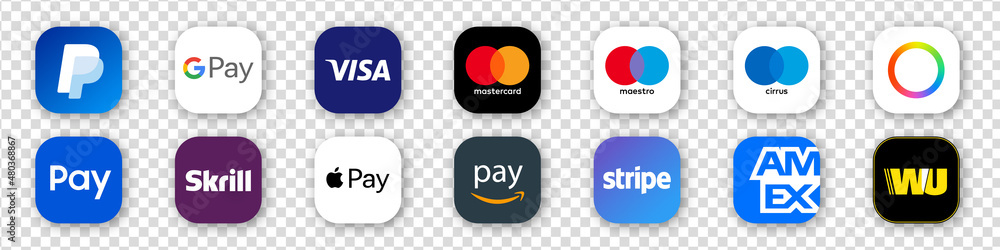 Buttons/icons of popular payment systems. Buttons on transparent ...