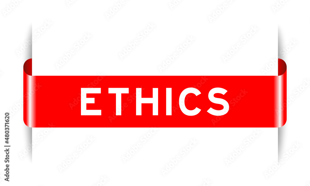Red color inserted label banner with word ethics on white background ...