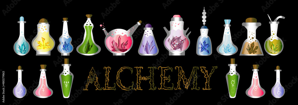Vector set of magic potion icons with magic crystals inside in a ...