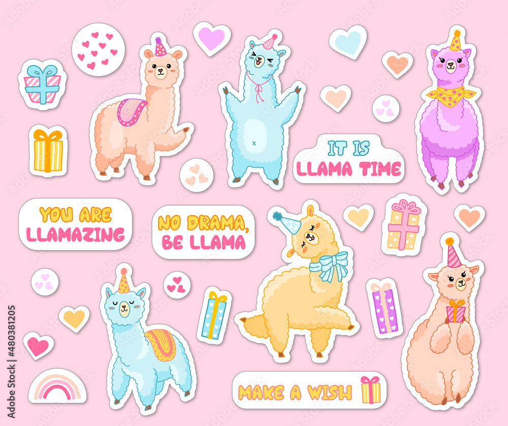 Funny llama birthday party sticker set. Vector clipart with alpaca ...