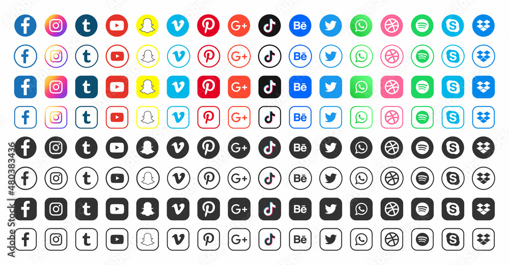 Big set of social media icons or social network logos flat icon set ...