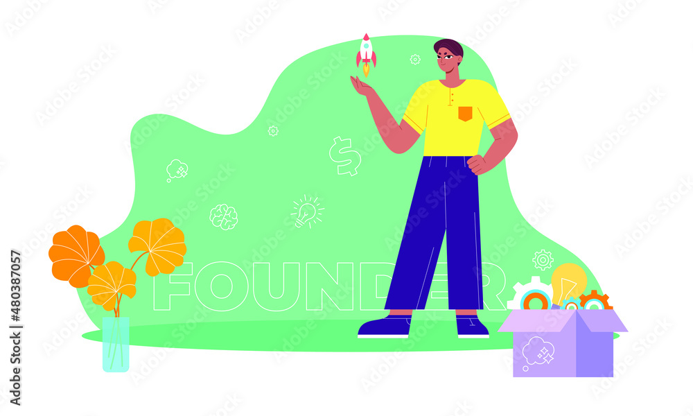 Start up founder. Concept with young latin man, keyword, and icons ...