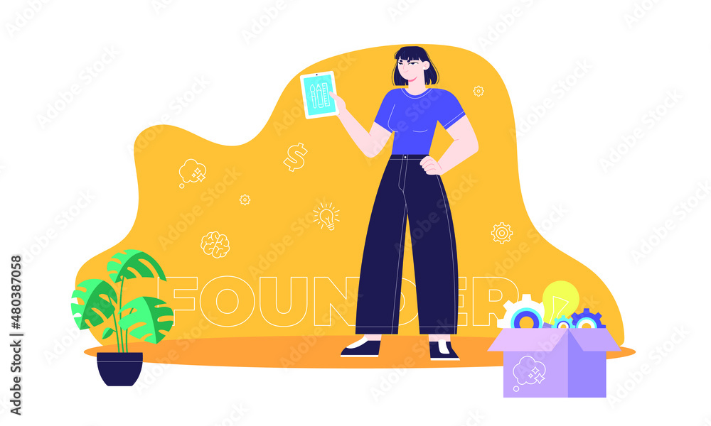 Start up founder. Concept with young asian woman, keyword, and icons ...