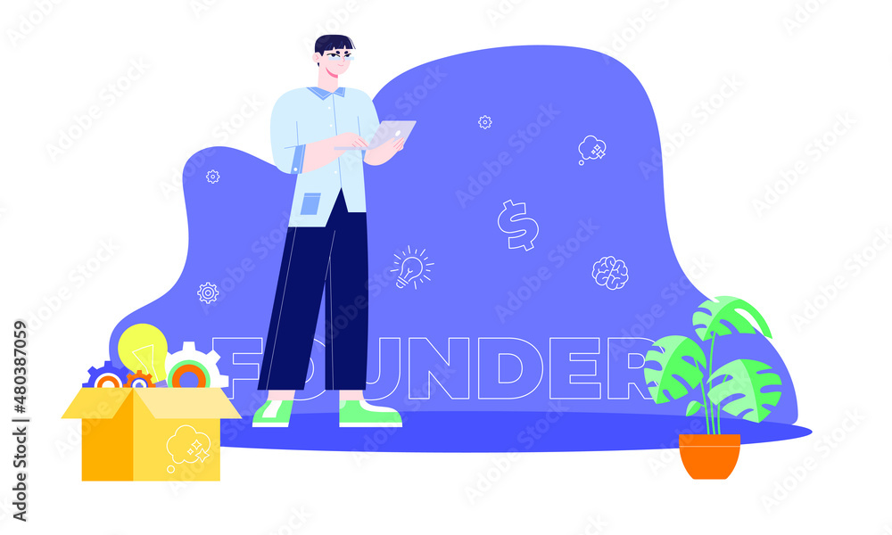 Start up founder. Concept with young black man, keyword, and icons ...