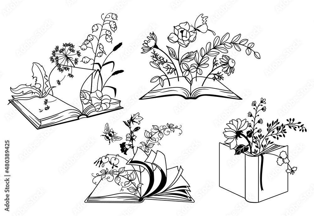 Set of floral books. Collection of books with flowers and open ...