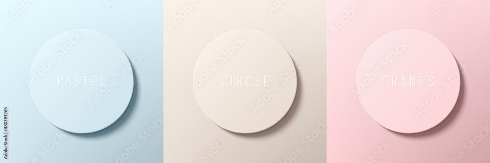 Set of 3d blue, beige and pink pastel color circle frame design in ...