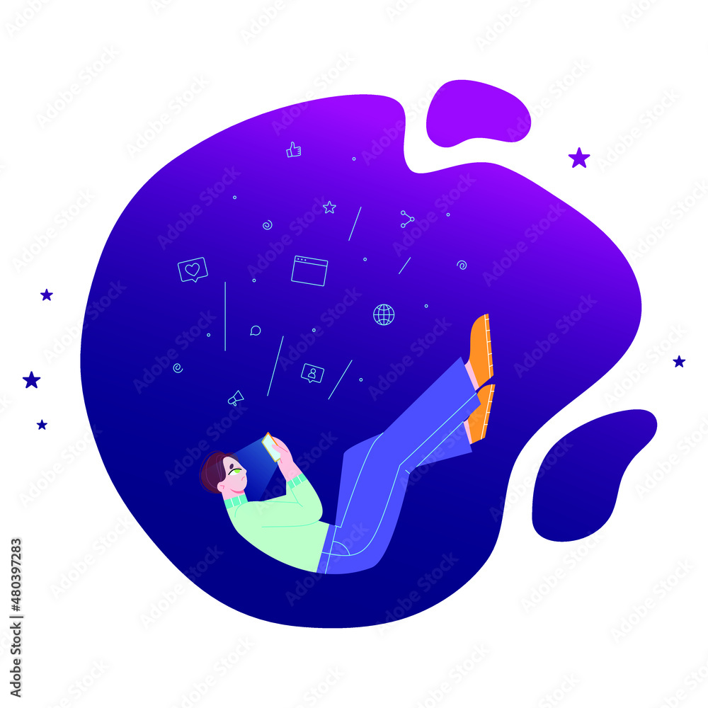 FOMO - Fear of Missing Out illustration. Young man depressed and ...