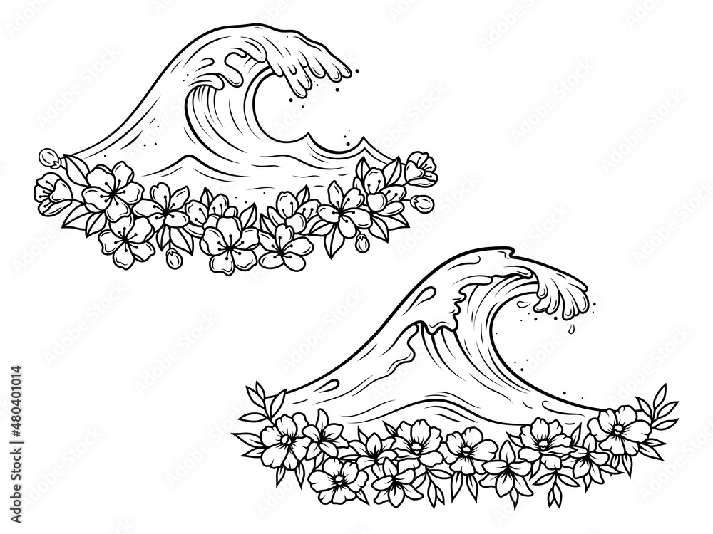 Vettoriale Stock Set of floral ocean waves. Collection of stylized sea ...