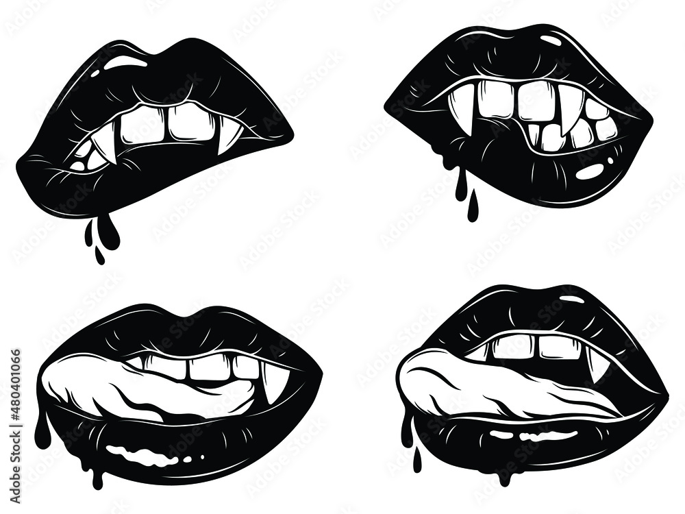 Set of vampire girl lips with fangs and drops of blood. Collection of ...