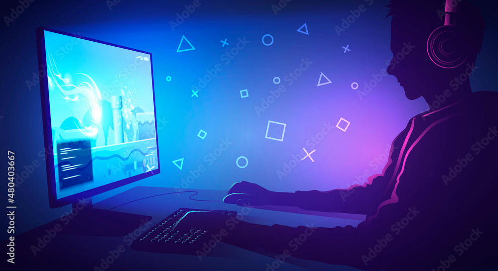 Vector Illustration Gamer Kid Play Comuter Game Stock Vector | Adobe Stock