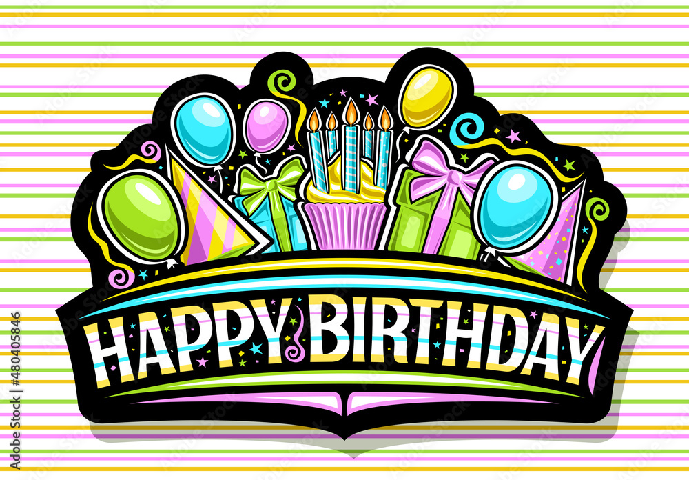 Vector logo for Happy Birthday, dark decorative badge with illustration ...