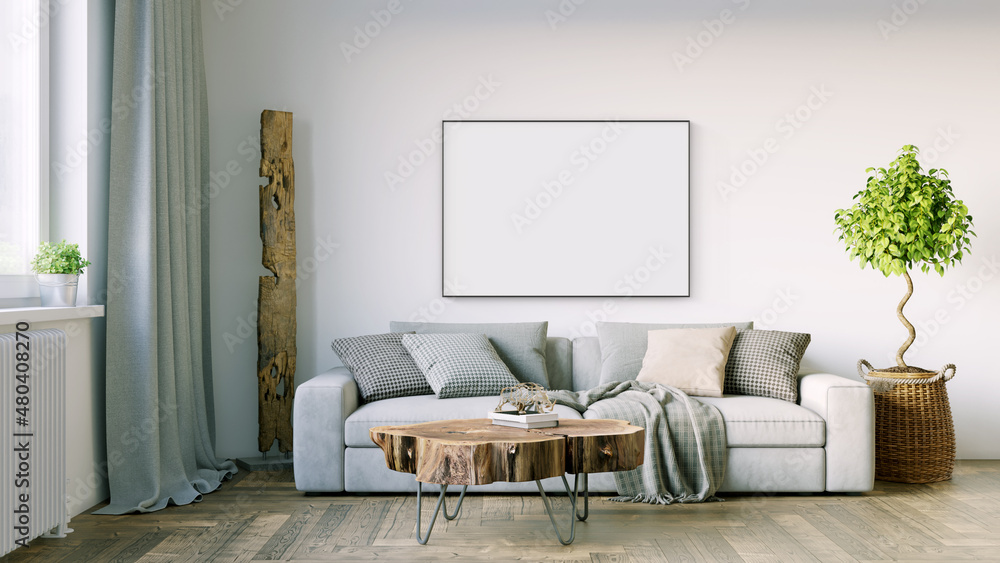 Modern interior of a room with an empty painting. Sofa and large window ...