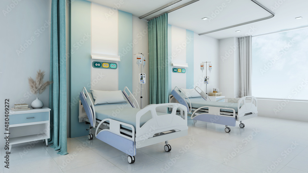 Hospital recovery room with beds.3d rendering Stock Illustration ...