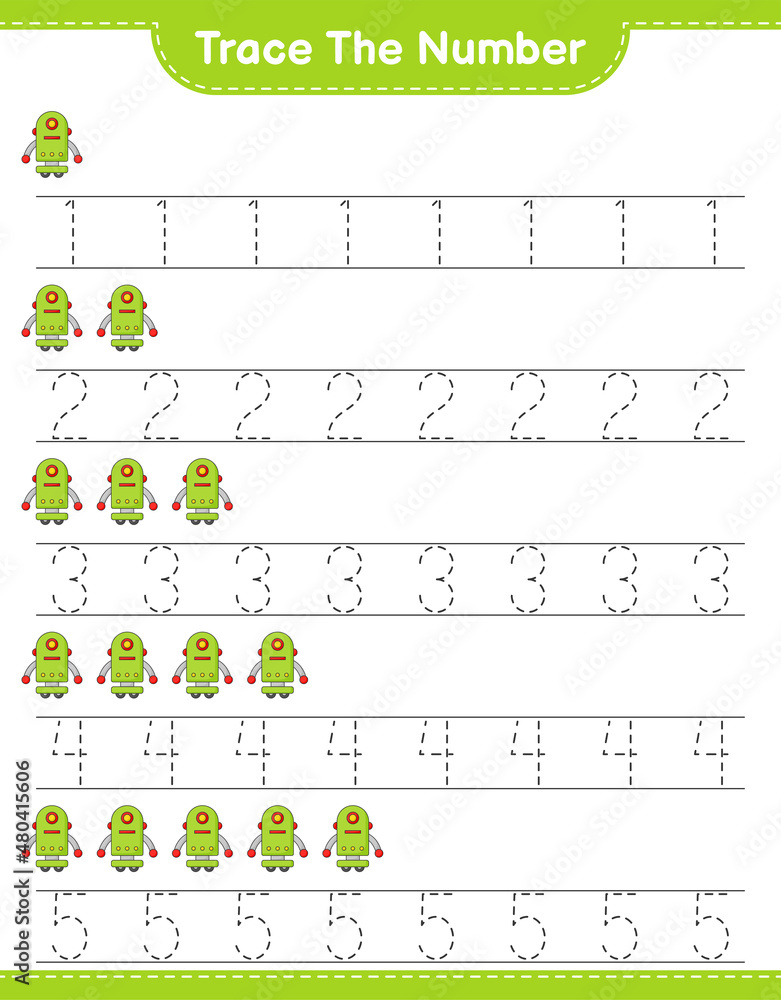 Trace the number. Tracing number with Robot Character. Educational ...