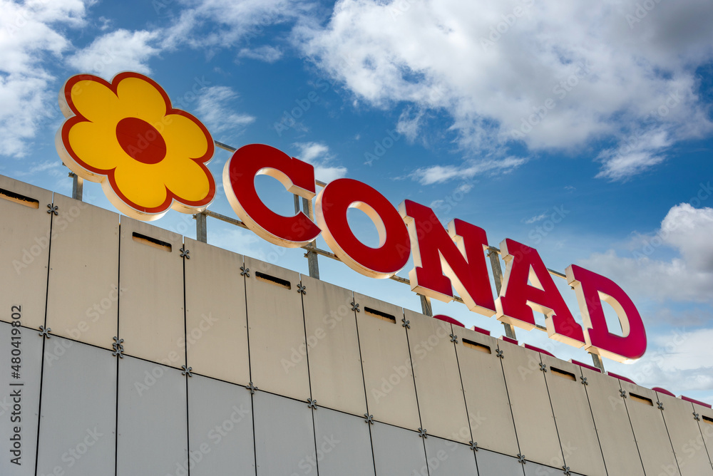 Savigliano, Cuneo, Italy - January 14, 2022: Conad supermarket logo ...