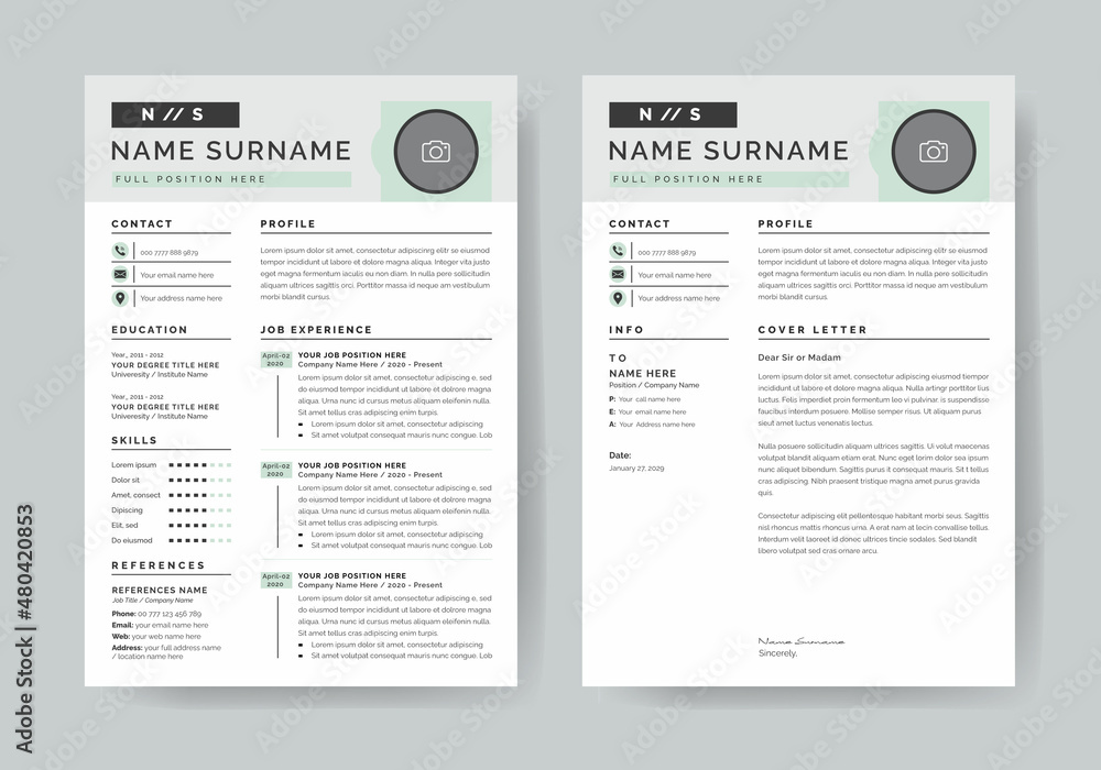 Resume Layout Set with White & Green Header Elements CV Template Stock ...