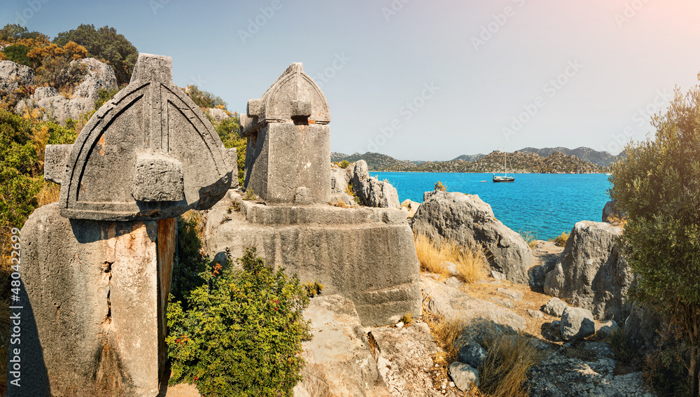 Ancient tombs of the Lycian Greek civilization on the shores of the ...
