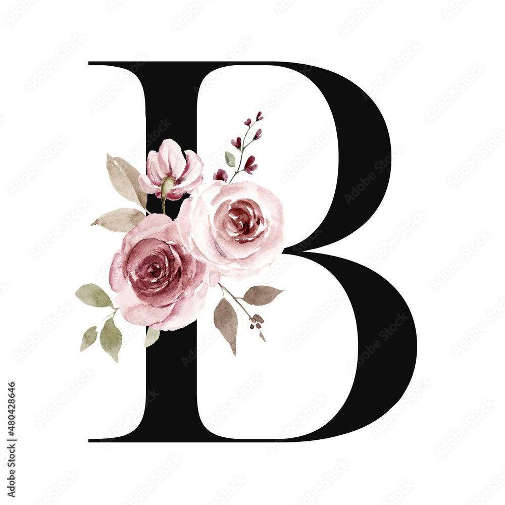 Floral alphabet, letter B with watercolor flowers and leaf. Monogram ...