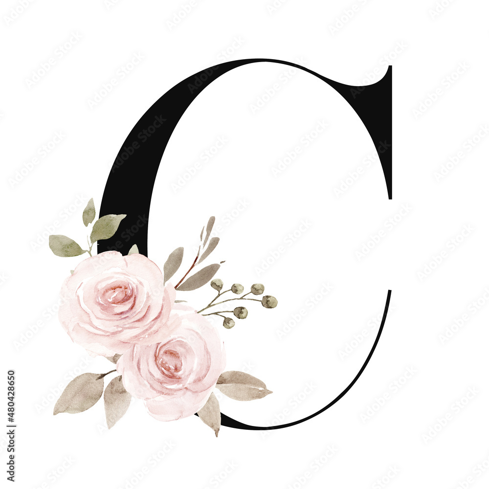 Floral alphabet, letter C with watercolor flowers and leaf. Monogram ...