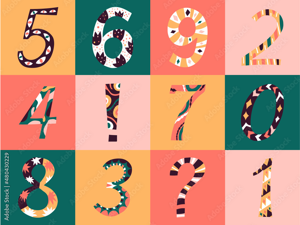 Vector hand drawn set of creative numbers in modern trendy colors, can ...