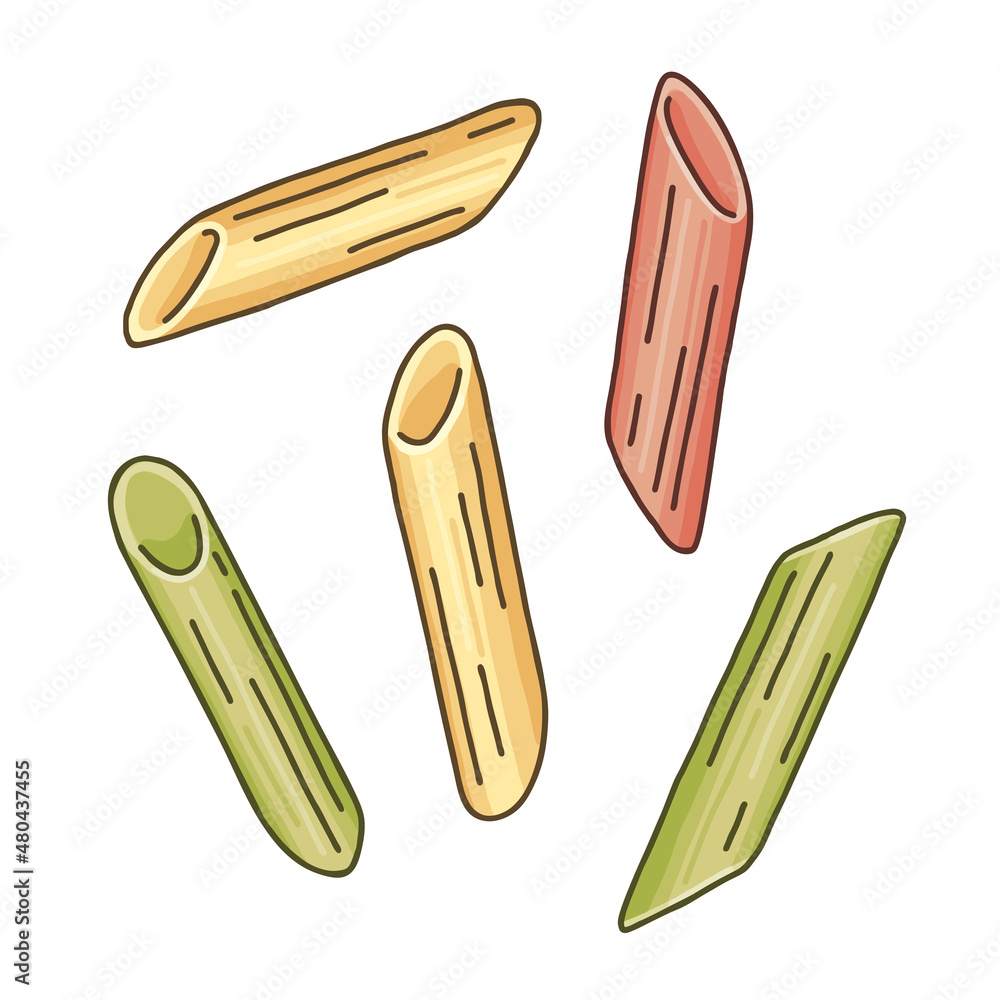 Penne rigate in three colors. Cylinder-shaped spinach and tomato pasta ...