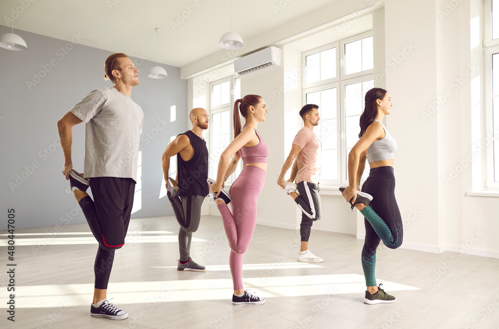 Group of young and active people doing active sports workout at fitness ...