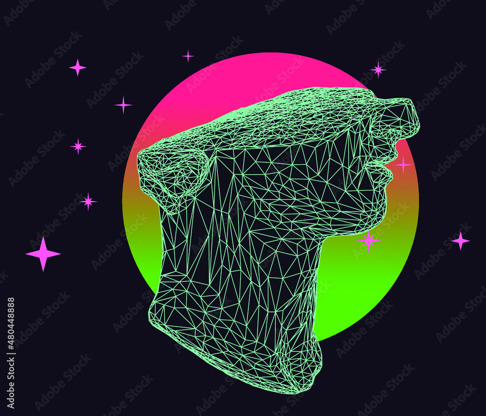 3D illustration of a broken low poly bust sculpture. Vaporwave computer ...
