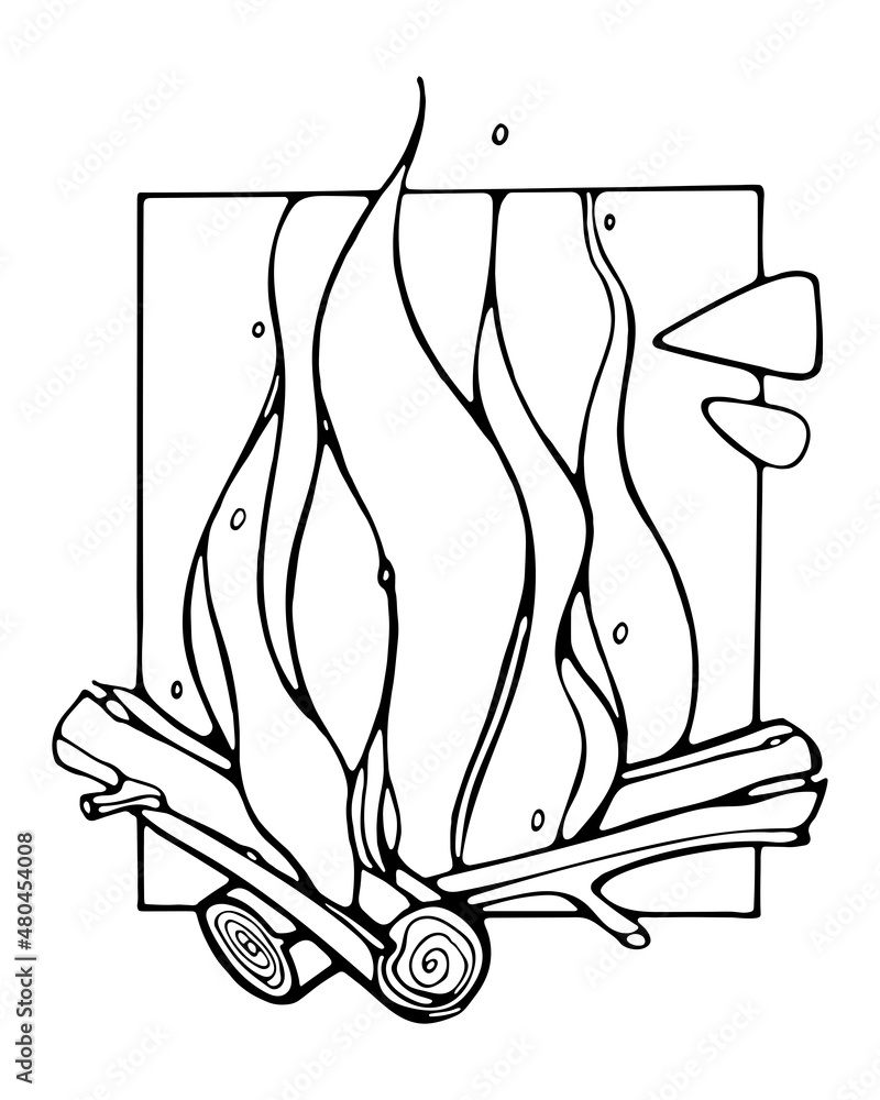 Bonfire with firewood. Vector outline illustration. For coloring page ...