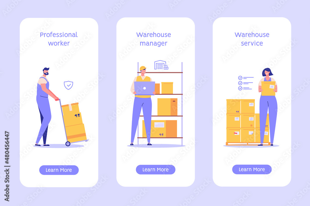 Warehouse workers characters set. Man loader carrying boxes. Warehouse ...