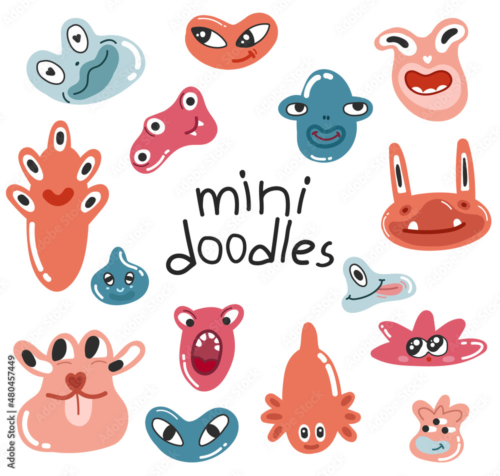 Funny cartoon doodle characters. Acid style, laughing and smiling faces ...