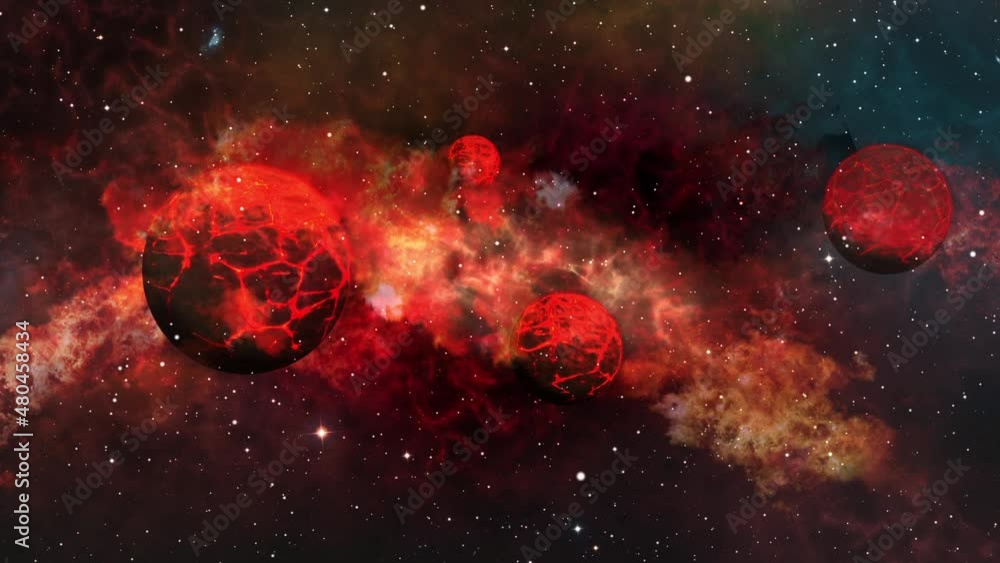 Space travelling to the hell loop video. 3d rendering. Burning planets ...