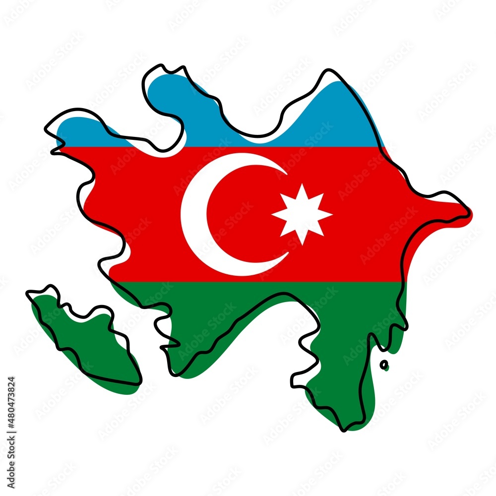 Stylized outline map of Azerbaijan with national flag icon. Flag color ...