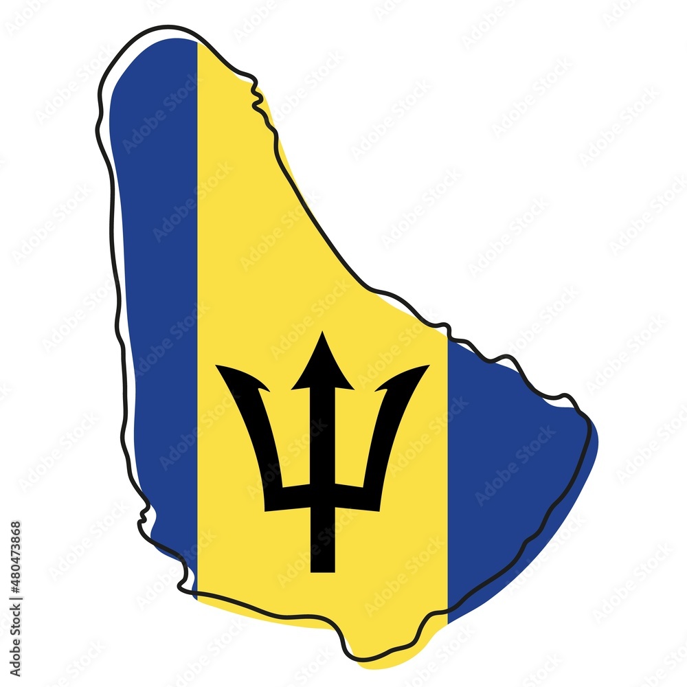 Stylized outline map of Barbados with national flag icon. Flag color ...