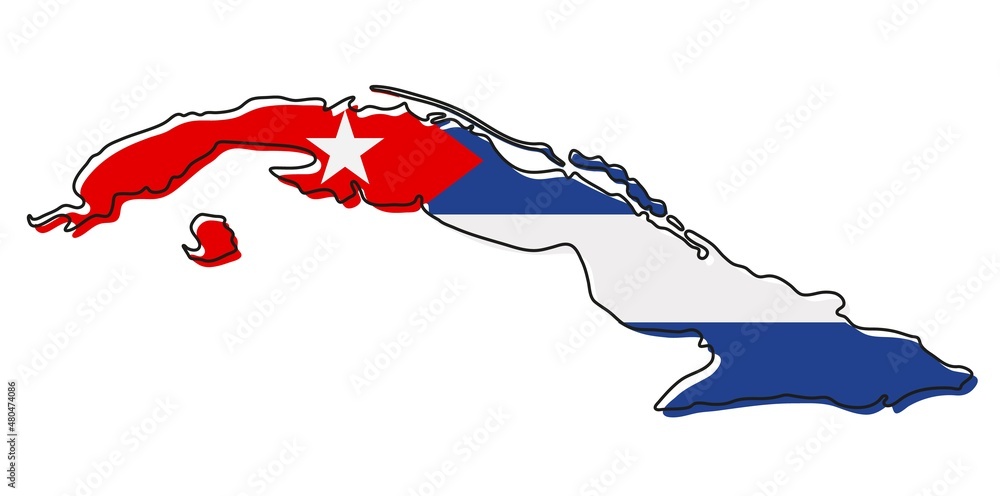 Stylized outline map of Cuba with national flag icon. Flag color map of ...