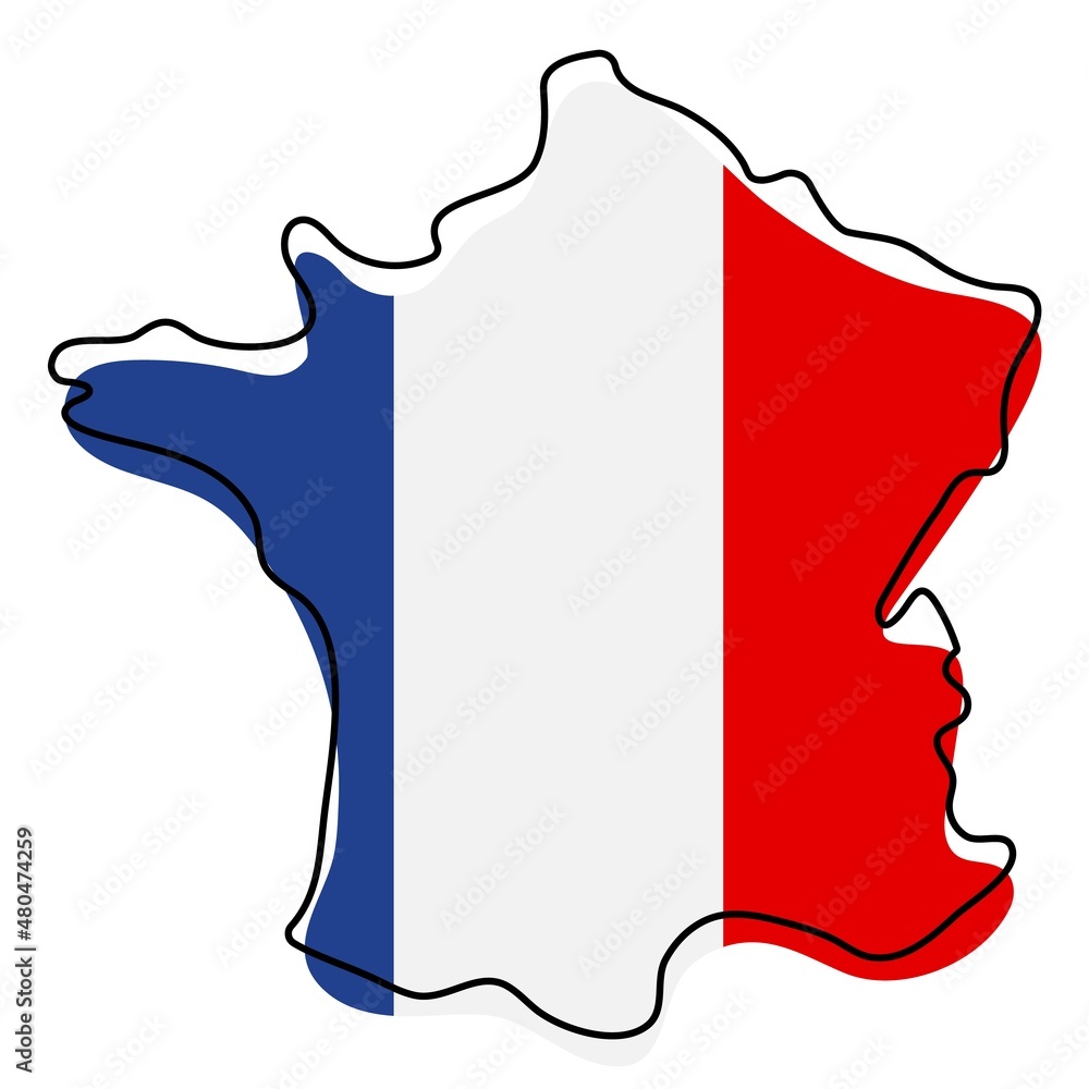 Stylized outline map of France with national flag icon. Flag color map ...