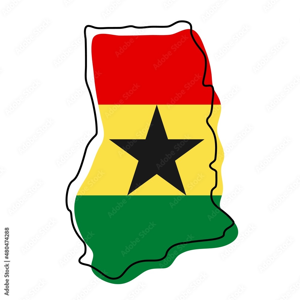 Stylized outline map of Ghana with national flag icon. Flag color map ...