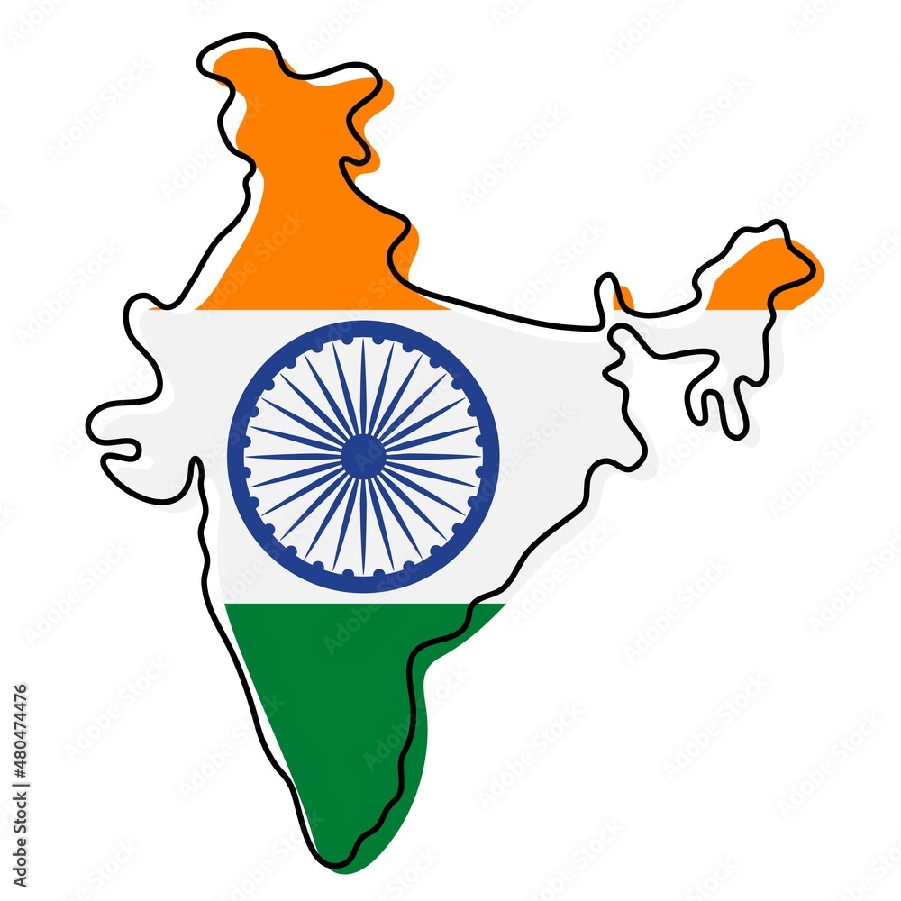 Stylized outline map of India with national flag icon. Flag color map ...