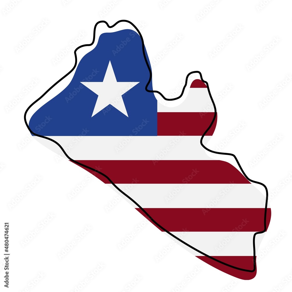 Stylized outline map of Liberia with national flag icon. Flag color map ...