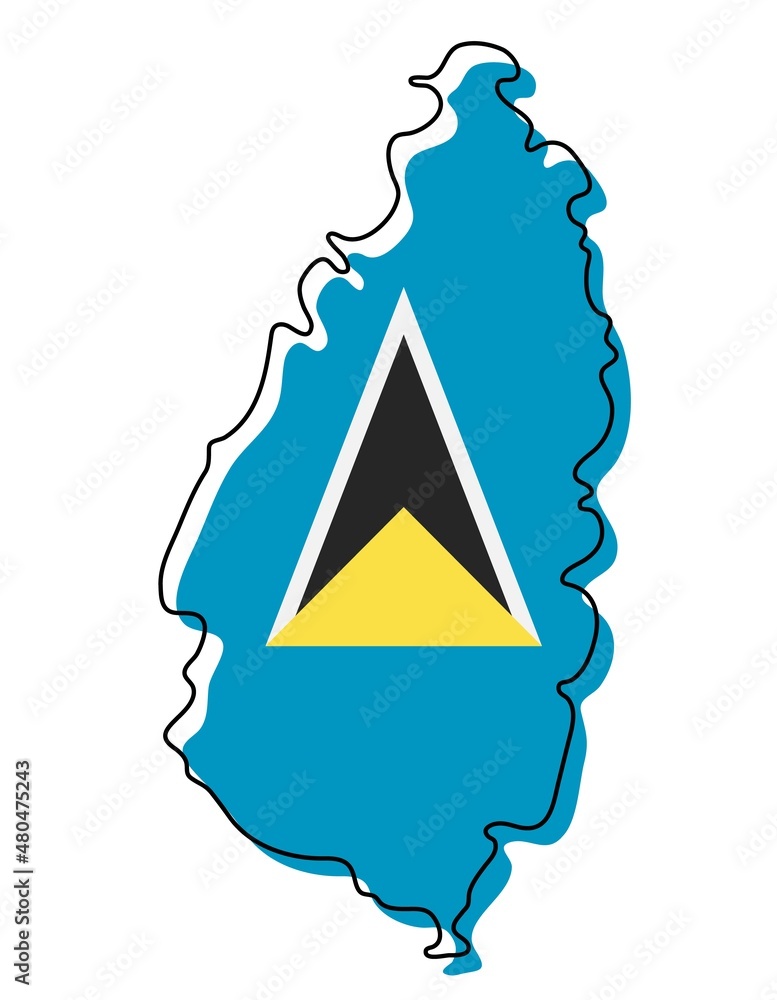 Stylized outline map of Saint Lucia with national flag icon. Flag color ...