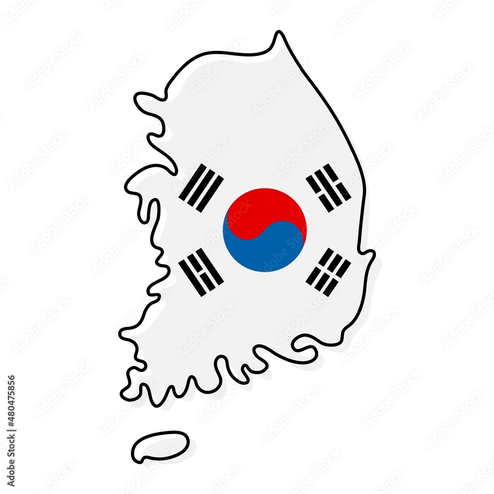Stylized outline map of South Korea with national flag icon. Flag color ...