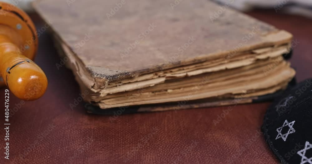 Jewish holidays, during prayer items kippa with prayer shawl tallit on ...