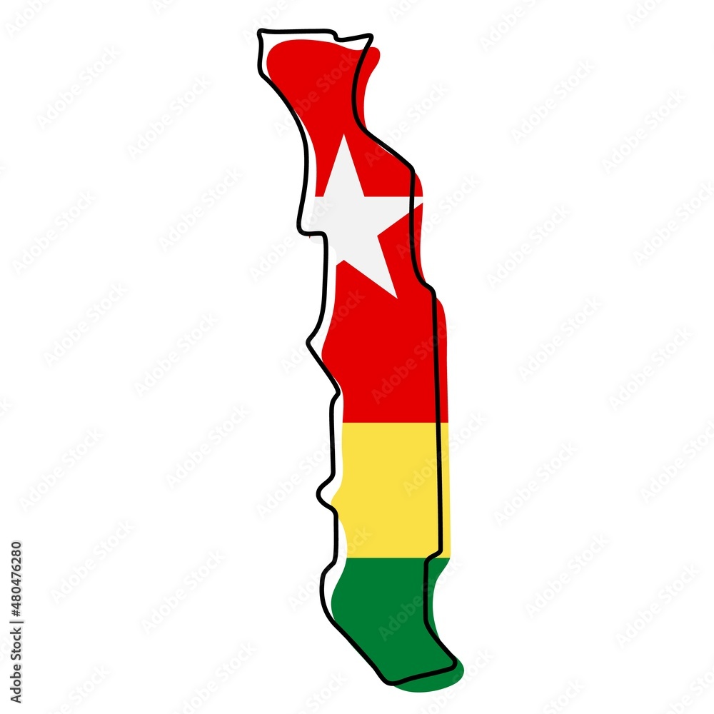 Stylized outline map of Togo with national flag icon. Flag color map of ...